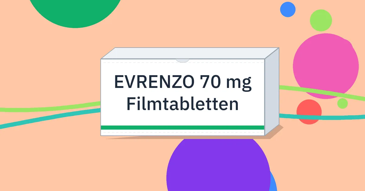 Symbolbild: Packung mit der Aufschrift EVRENZO 70 mg Filmtabletten (PZN 18799759) – Verfügbarkeit und Bezug in Apotheken in Frankfurt am Main