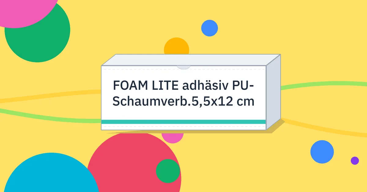 Symbolbild: Packung mit der Aufschrift FOAM LITE adhäsiv PU-Schaumverb.5,5x12 cm (PZN 12642264) – Verfügbarkeit und Bezug in Apotheken in Frankfurt am Main