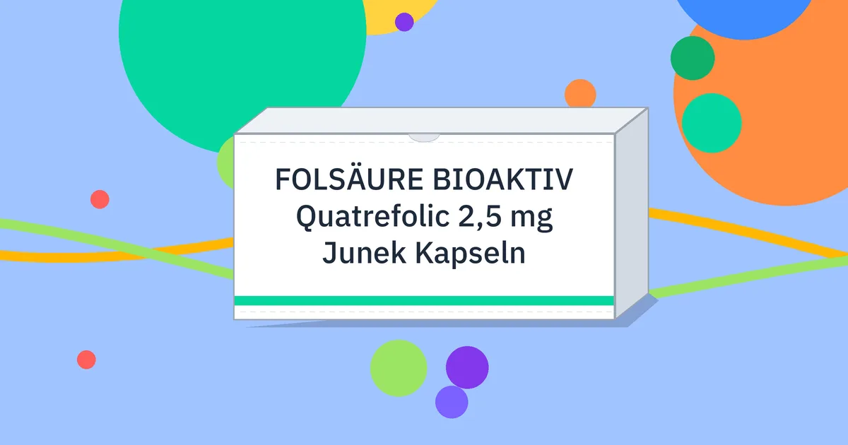 Symbolbild: Packung mit der Aufschrift FOLSÄURE BIOAKTIV Quatrefolic 2,5 mg Junek Kapseln (PZN 18311025) – Verfügbarkeit und Bezug in Apotheken in Frankfurt am Main