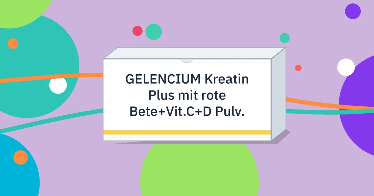 Symbolbild: Packung mit der Aufschrift GELENCIUM Kreatin Plus mit rote Bete+Vit.C+D Pulv. (PZN 20594295) – Verfügbarkeit und Bezug in Apotheken in Frankfurt am Main