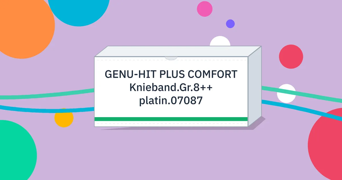 Symbolbild: Packung mit der Aufschrift GENU-HIT PLUS COMFORT Knieband.Gr.8++ platin.07087 (PZN 19171833) – Verfügbarkeit und Bezug in Apotheken in Frankfurt am Main