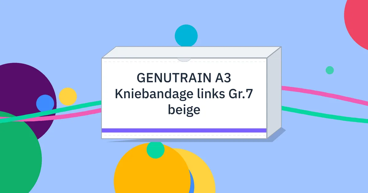 Symbolbild: Packung mit der Aufschrift GENUTRAIN A3 Kniebandage links Gr.7 beige (PZN 19100193) – Verfügbarkeit und Bezug in Apotheken in Frankfurt am Main