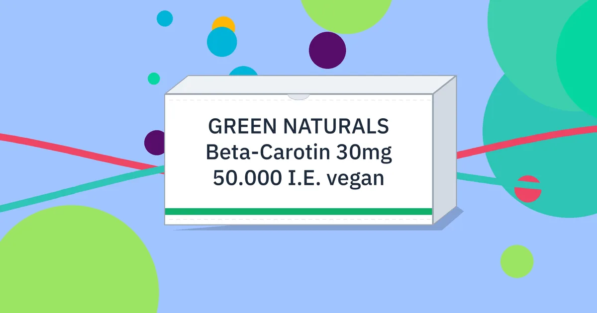 Symbolbild: Packung mit der Aufschrift GREEN NATURALS Beta-Carotin 30mg 50.000 I.E. vegan (PZN 20189809) – Verfügbarkeit und Bezug in Apotheken in Frankfurt am Main