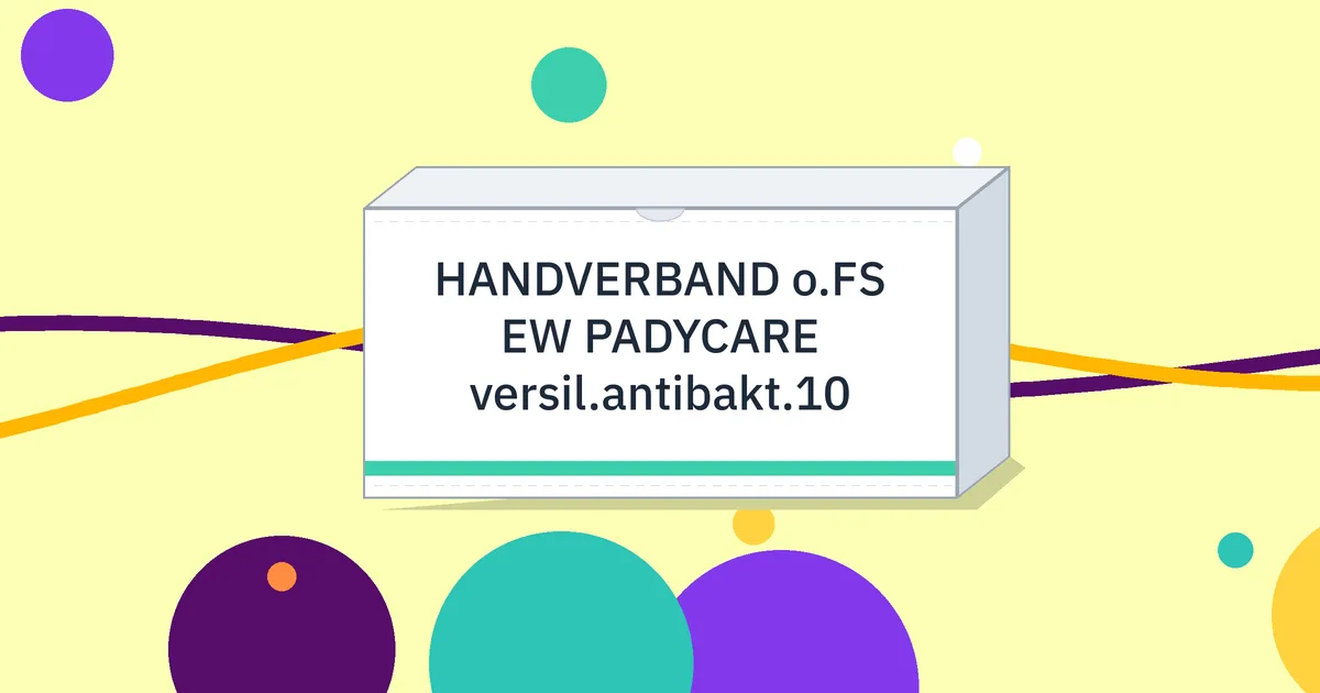 Symbolbild: Packung mit der Aufschrift HANDVERBAND o.FS EW PADYCARE versil.antibakt.10 (PZN 10939698) – Verfügbarkeit und Bezug in Apotheken in Frankfurt am Main