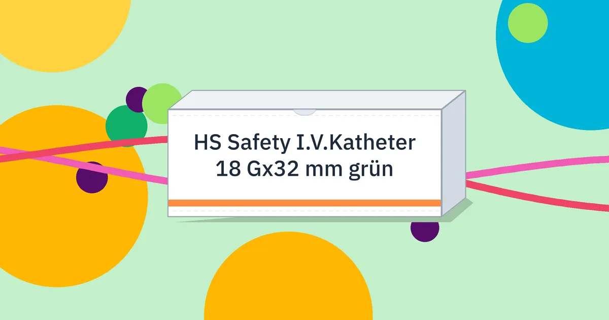 Symbolbild: Packung mit der Aufschrift HS Safety I.V.Katheter 18 Gx32 mm grün (PZN 20414459) – Verfügbarkeit und Bezug in Apotheken in Frankfurt am Main