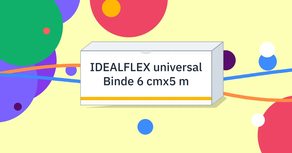 Symbolbild: Packung mit der Aufschrift IDEALFLEX universal Binde 6 cmx5 m (PZN 06452654) – Verfügbarkeit und Bezug in Apotheken in Frankfurt am Main
