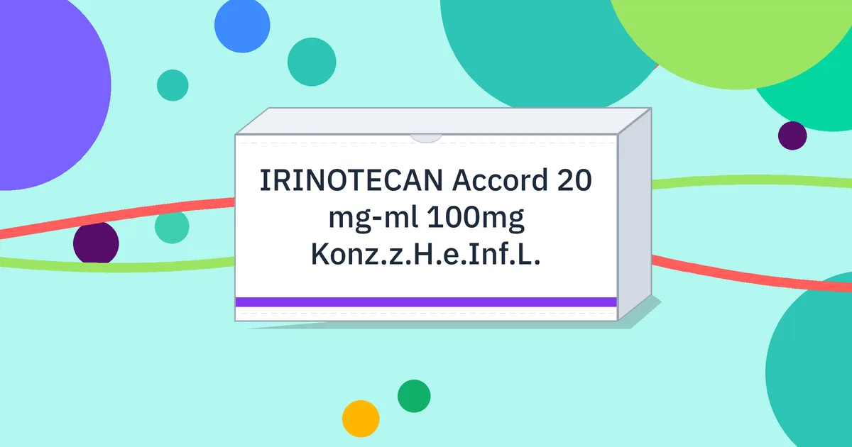 Symbolbild: Packung mit der Aufschrift IRINOTECAN Accord 20 mg-ml 100mg Konz.z.H.e.Inf.L. (PZN 12422479) – Verfügbarkeit und Bezug in Apotheken in Frankfurt am Main