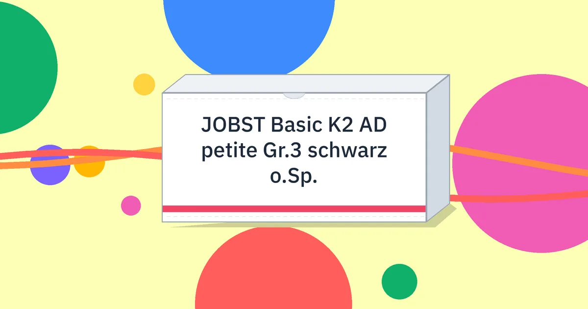 Symbolbild: Packung mit der Aufschrift JOBST Basic K2 AD petite Gr.3 schwarz o.Sp. (PZN 15310982) – Verfügbarkeit und Bezug in Apotheken in Frankfurt am Main