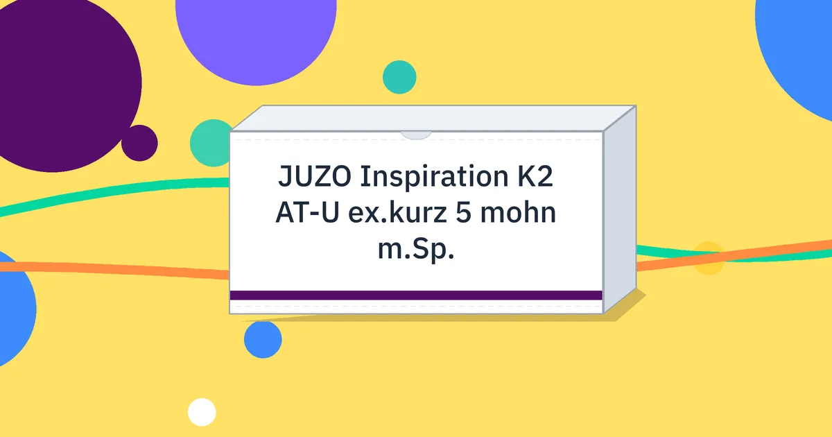 Symbolbild: Packung mit der Aufschrift JUZO Inspiration K2 AT-U ex.kurz 5 mohn m.Sp. (PZN 14930398) – Verfügbarkeit und Bezug in Apotheken in Frankfurt am Main
