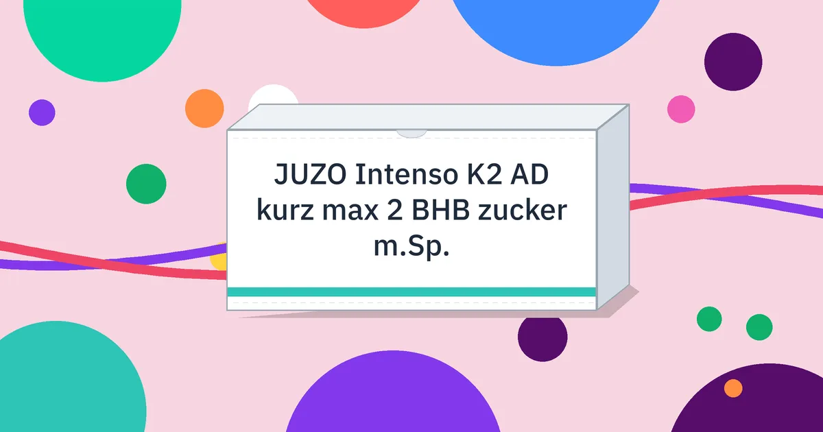 Symbolbild: Packung mit der Aufschrift JUZO Intenso K2 AD kurz max 2 BHB zucker m.Sp. (PZN 18615452) – Verfügbarkeit und Bezug in Apotheken in Frankfurt am Main