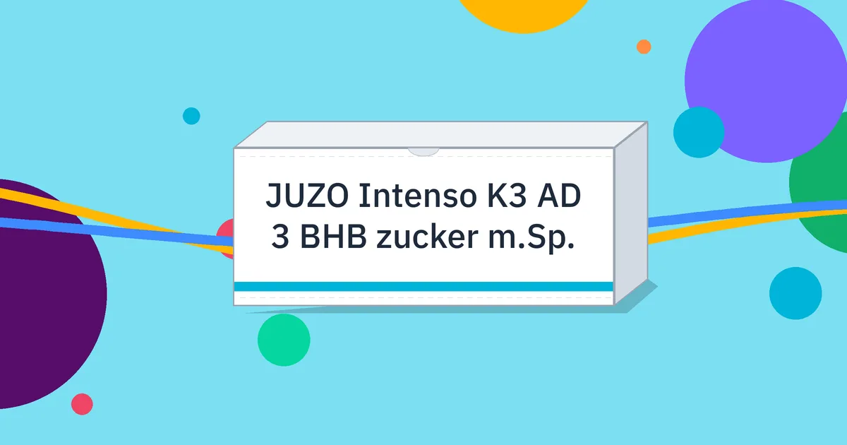 Symbolbild: Packung mit der Aufschrift JUZO Intenso K3 AD 3 BHB zucker m.Sp. (PZN 18634188) – Verfügbarkeit und Bezug in Apotheken in Frankfurt am Main
