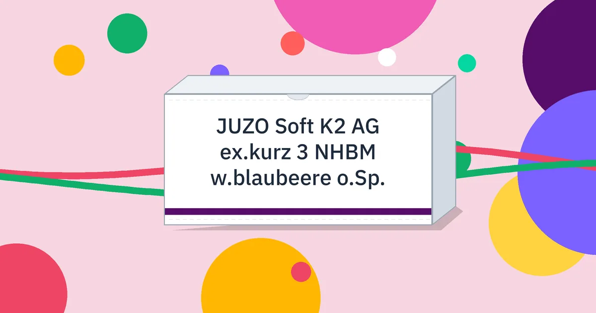 Symbolbild: Packung mit der Aufschrift JUZO Soft K2 AG ex.kurz 3 NHBM w.blaubeere o.Sp. (PZN 15021901) – Verfügbarkeit und Bezug in Apotheken in Frankfurt am Main