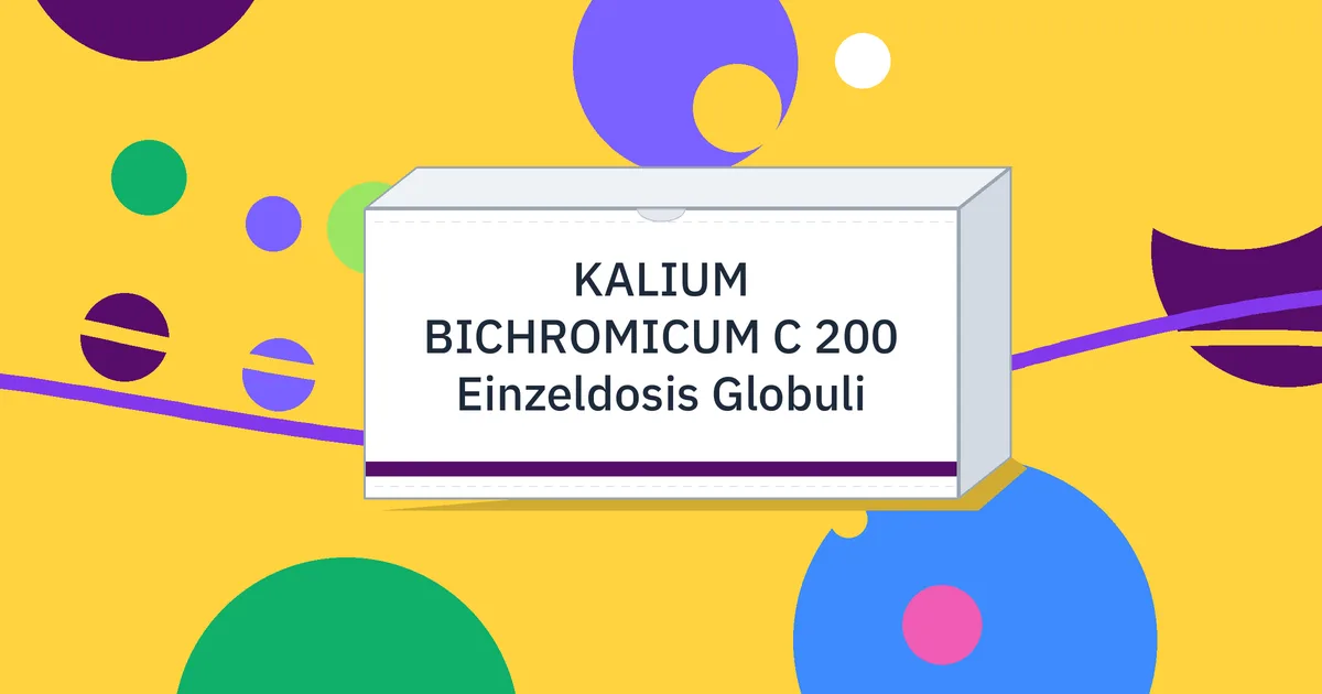 Symbolbild: Packung mit der Aufschrift KALIUM BICHROMICUM C 200 Einzeldosis Globuli (PZN 01542861) – Verfügbarkeit und Bezug in Apotheken in Frankfurt am Main