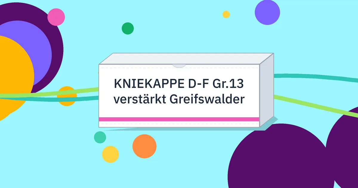 Symbolbild: Packung mit der Aufschrift KNIEKAPPE D-F Gr.13 verstärkt Greifswalder (PZN 01969826) – Verfügbarkeit und Bezug in Apotheken in Frankfurt am Main