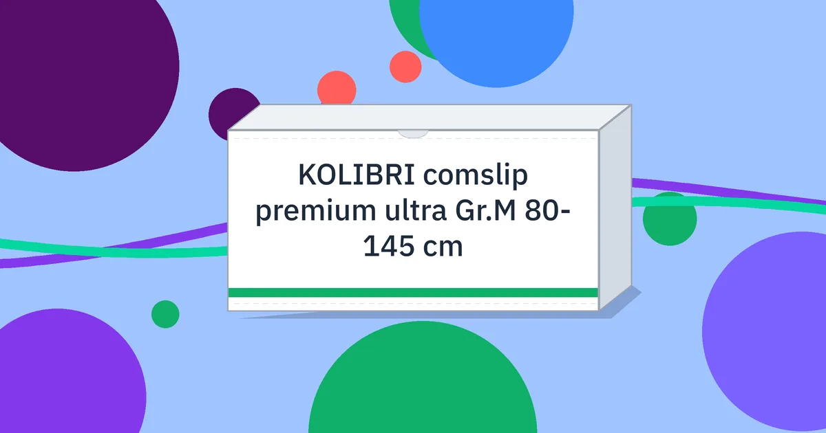 Symbolbild: Packung mit der Aufschrift KOLIBRI comslip premium ultra Gr.M 80-145 cm (PZN 15564932) – Verfügbarkeit und Bezug in Apotheken in Frankfurt am Main