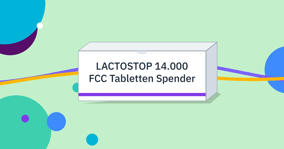 Symbolbild: Packung mit der Aufschrift LACTOSTOP 14.000 FCC Tabletten Spender (PZN 09718265) – Verfügbarkeit und Bezug in Apotheken in Frankfurt am Main