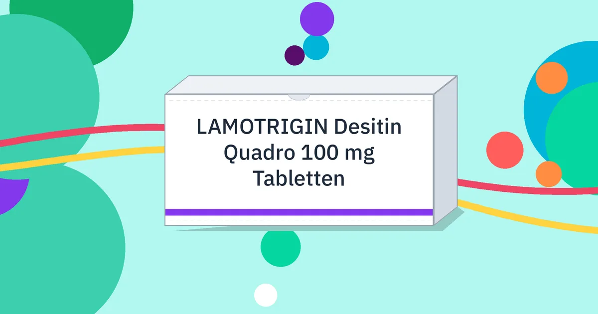 Symbolbild: Packung mit der Aufschrift LAMOTRIGIN Desitin Quadro 100 mg Tabletten (PZN 03806376) – Verfügbarkeit und Bezug in Apotheken in Frankfurt am Main