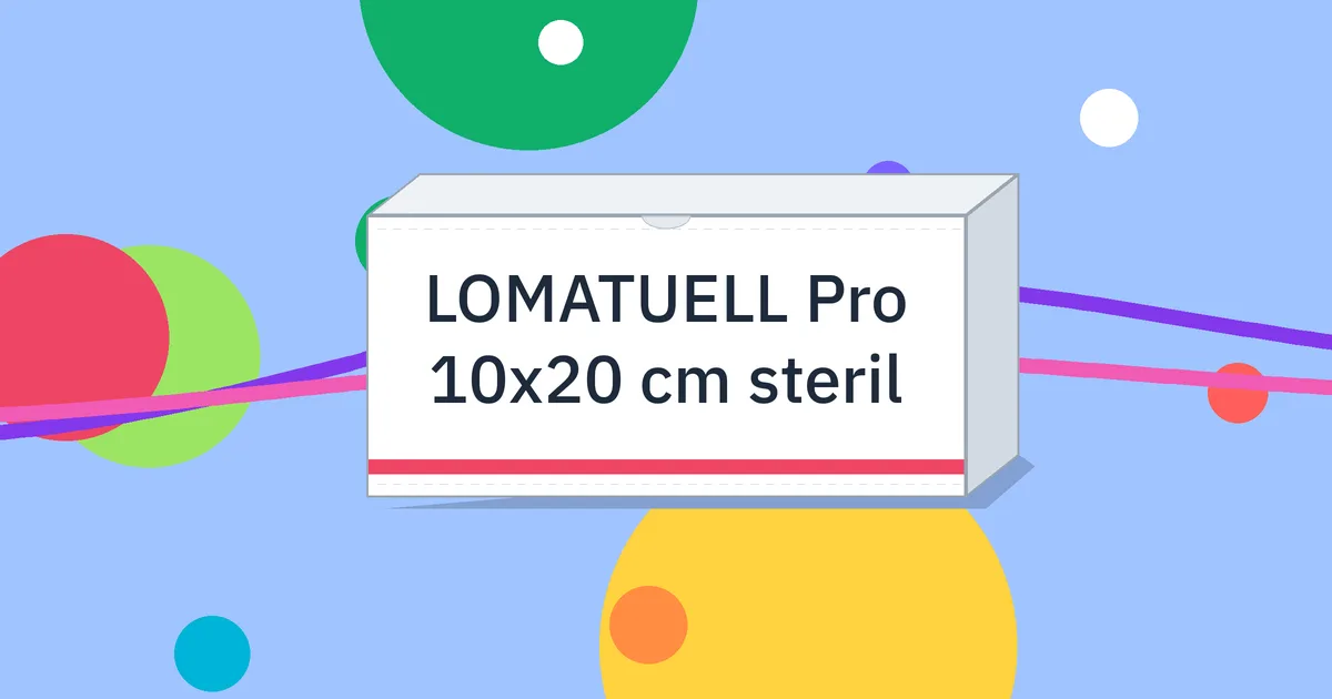 Symbolbild: Packung mit der Aufschrift LOMATUELL Pro 10x20 cm steril (PZN 16164838) – Verfügbarkeit und Bezug in Apotheken in Frankfurt am Main
