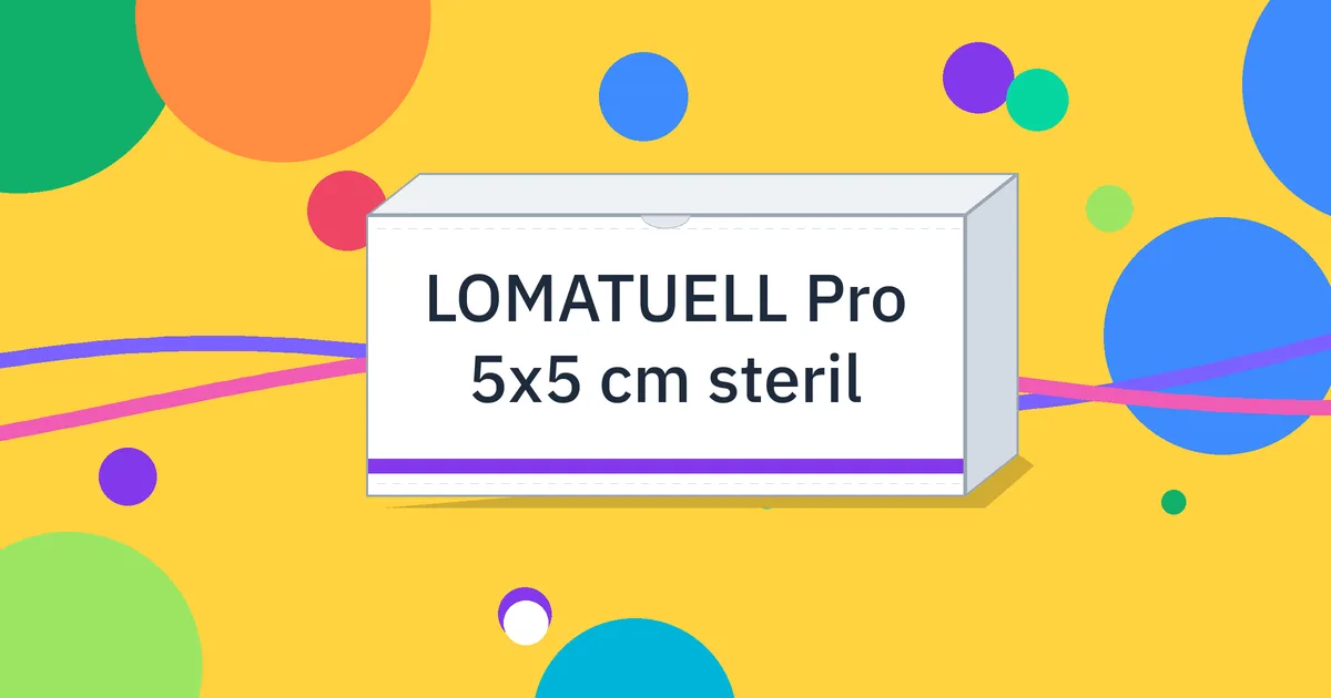 Symbolbild: Packung mit der Aufschrift LOMATUELL Pro 5x5 cm steril (PZN 17434694) – Verfügbarkeit und Bezug in Apotheken in Frankfurt am Main