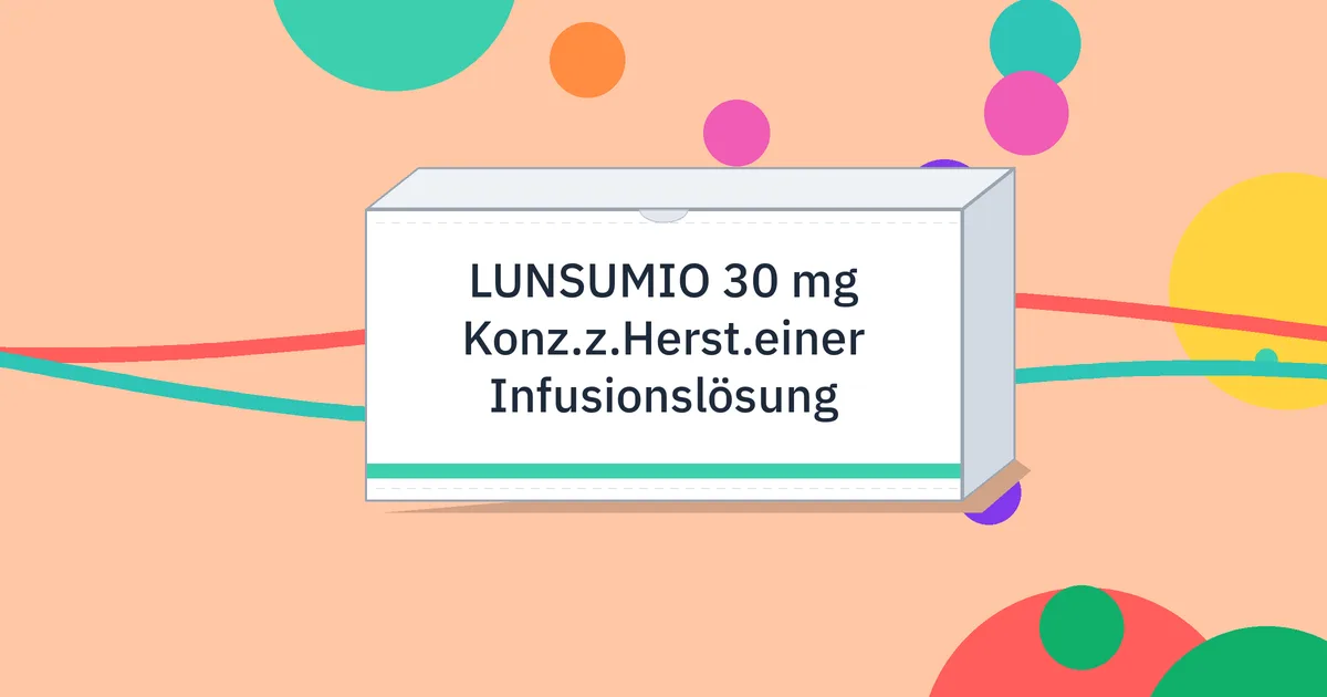 Symbolbild: Packung mit der Aufschrift LUNSUMIO 30 mg Konz.z.Herst.einer Infusionslösung (PZN 17617029) – Verfügbarkeit und Bezug in Apotheken in Frankfurt am Main
