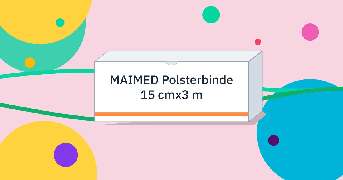 Symbolbild: Packung mit der Aufschrift MAIMED Polsterbinde 15 cmx3 m (PZN 01903773) – Verfügbarkeit und Bezug in Apotheken in Frankfurt am Main