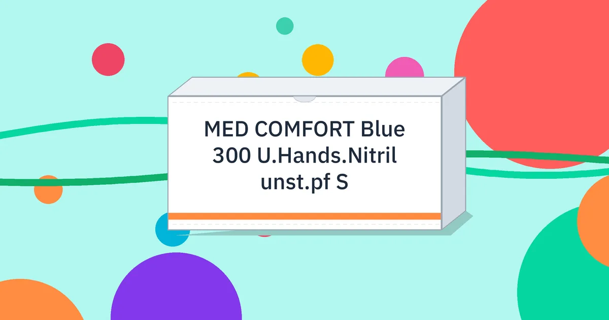 Symbolbild: Packung mit der Aufschrift MED COMFORT Blue 300 U.Hands.Nitril unst.pf S (PZN 15560236) – Verfügbarkeit und Bezug in Apotheken in Frankfurt am Main