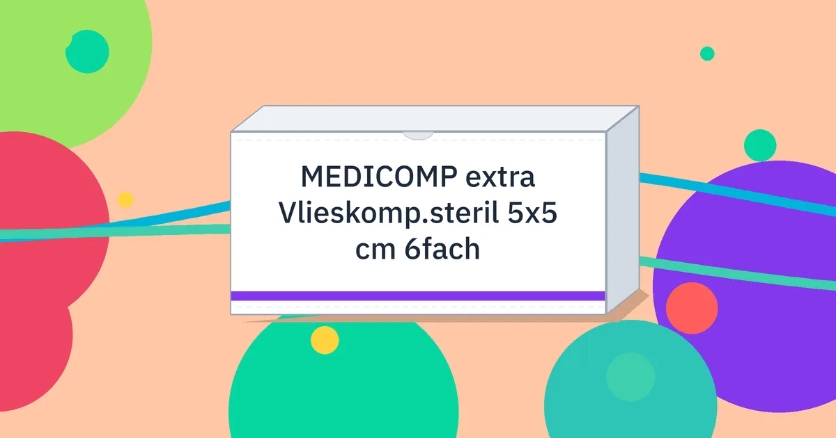 Symbolbild: Packung mit der Aufschrift MEDICOMP extra Vlieskomp.steril 5x5 cm 6fach (PZN 12593850) – Verfügbarkeit und Bezug in Apotheken in Frankfurt am Main