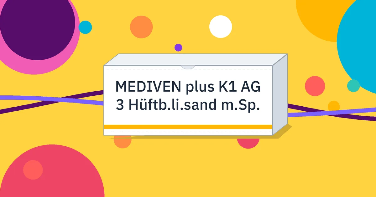 Symbolbild: Packung mit der Aufschrift MEDIVEN plus K1 AG 3 Hüftb.li.sand m.Sp. (PZN 18938698) – Verfügbarkeit und Bezug in Apotheken in Frankfurt am Main