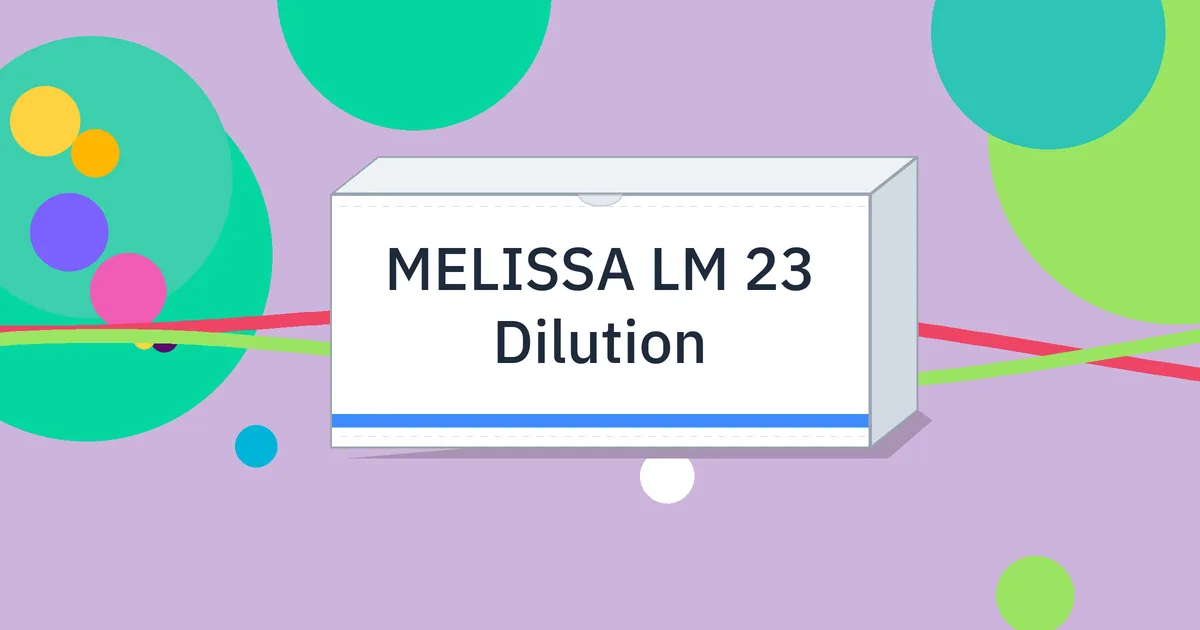 Symbolbild: Packung mit der Aufschrift MELISSA LM 23 Dilution (PZN 12947495) – Verfügbarkeit und Bezug in Apotheken in Frankfurt am Main