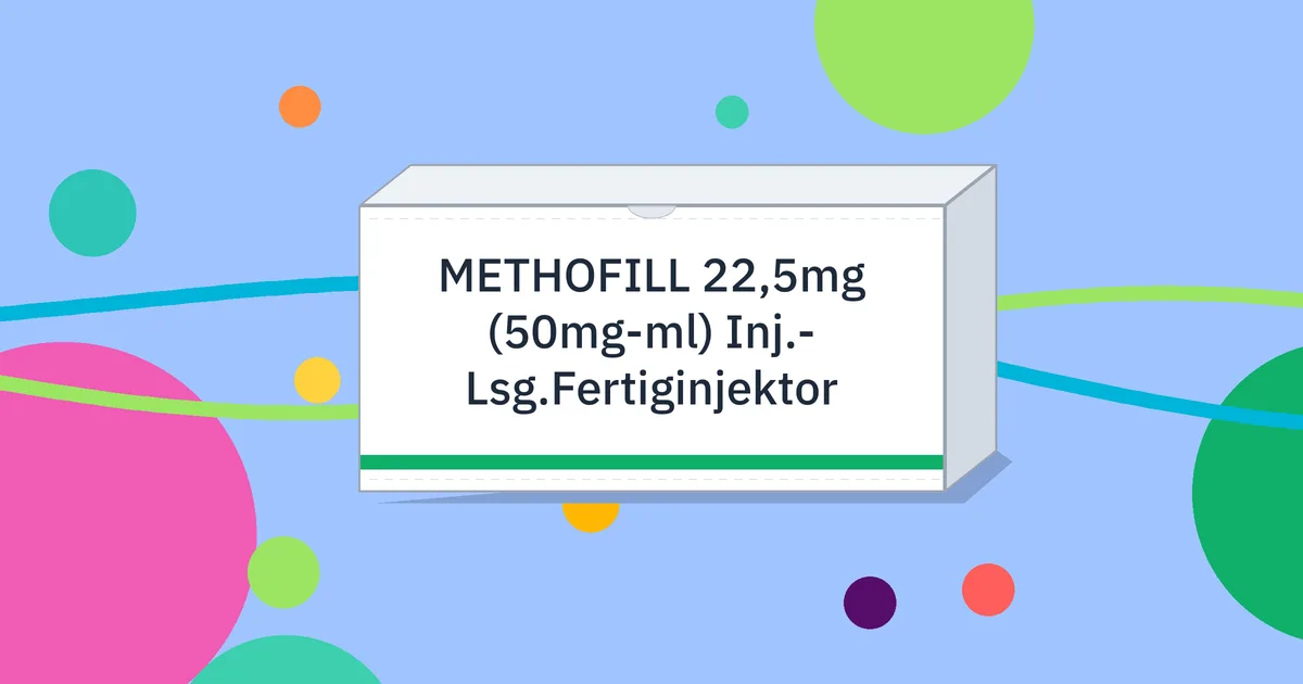 Symbolbild: Packung mit der Aufschrift METHOFILL 22,5mg (50mg-ml) Inj.-Lsg.Fertiginjektor (PZN 18660978) – Verfügbarkeit und Bezug in Apotheken in Frankfurt am Main