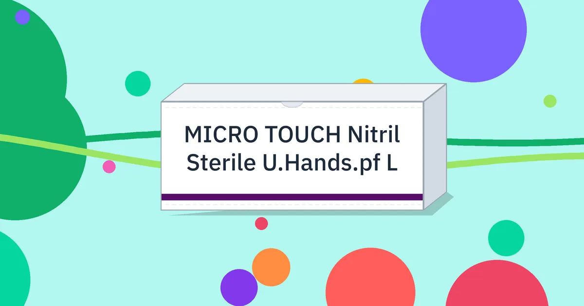 Symbolbild: Packung mit der Aufschrift MICRO TOUCH Nitril Sterile U.Hands.pf L (PZN 18387703) – Verfügbarkeit und Bezug in Apotheken in Frankfurt am Main