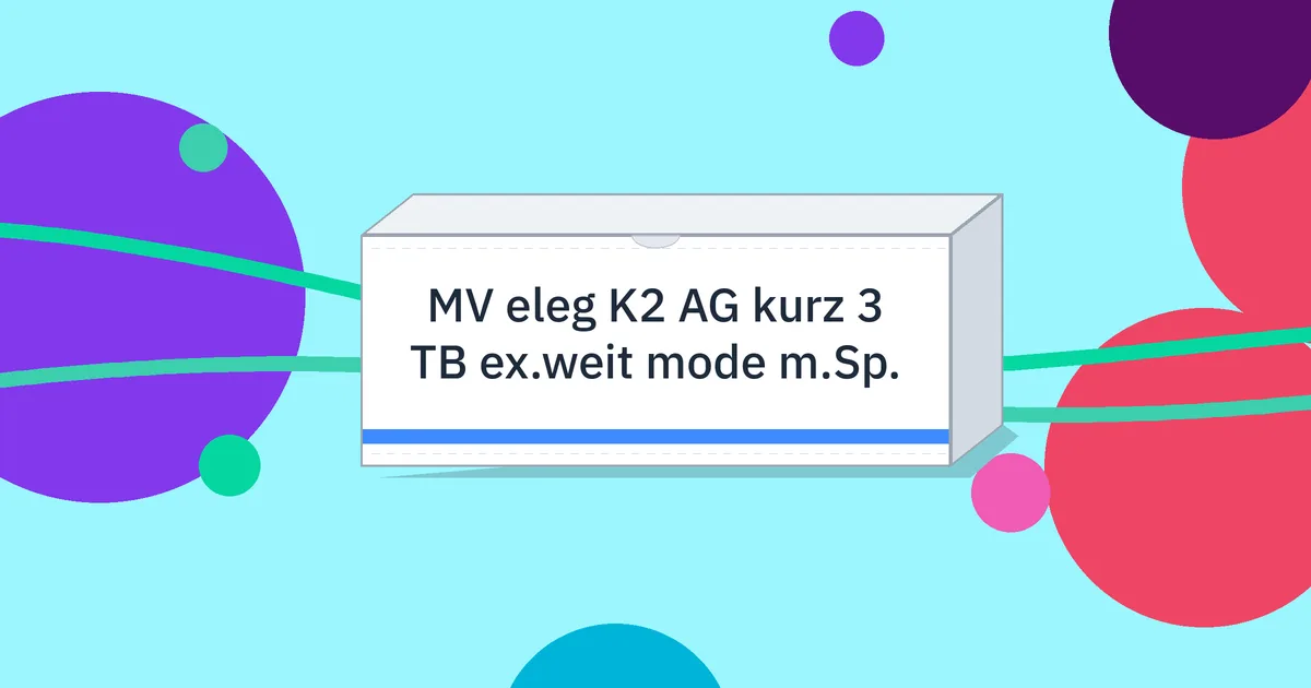 Symbolbild: Packung mit der Aufschrift MV eleg K2 AG kurz 3 TB ex.weit mode m.Sp. (PZN 09880221) – Verfügbarkeit und Bezug in Apotheken in Frankfurt am Main