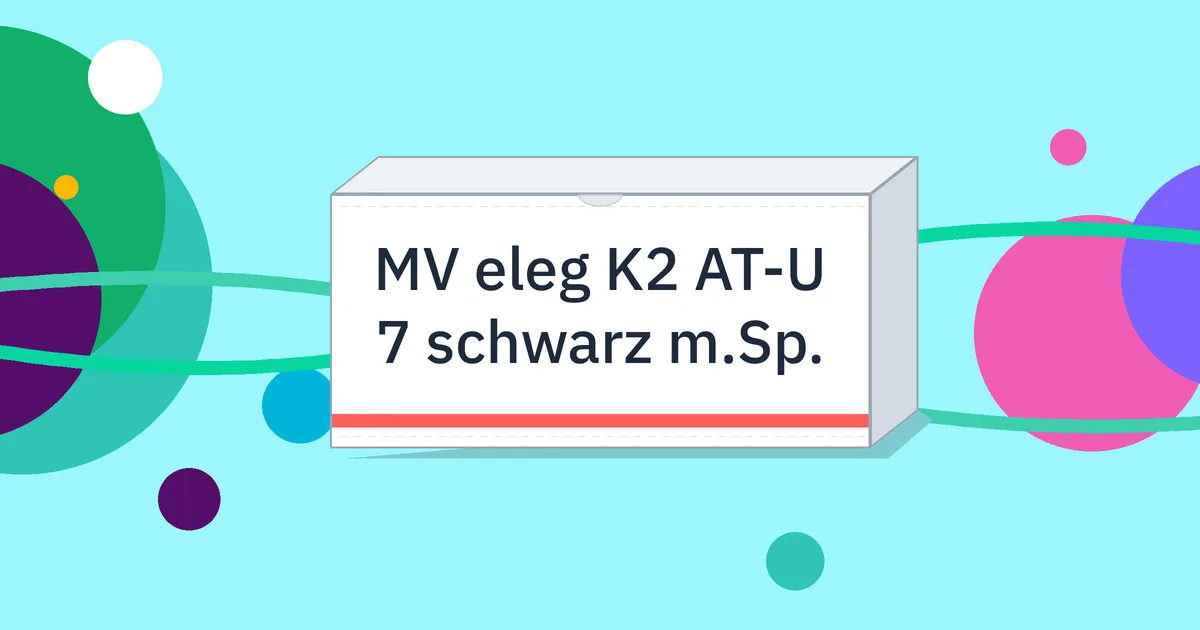 Symbolbild: Packung mit der Aufschrift MV eleg K2 AT-U 7 schwarz m.Sp. (PZN 00313986) – Verfügbarkeit und Bezug in Apotheken in Frankfurt am Main