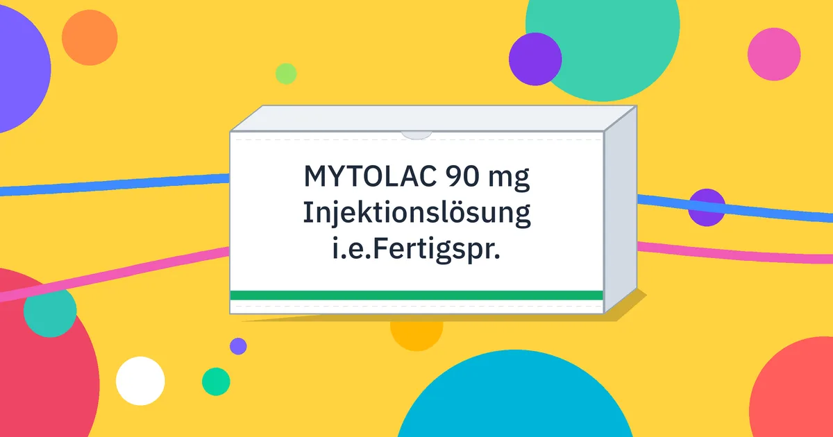 Symbolbild: Packung mit der Aufschrift MYTOLAC 90 mg Injektionslösung i.e.Fertigspr. (PZN 18827496) – Verfügbarkeit und Bezug in Apotheken in Frankfurt am Main