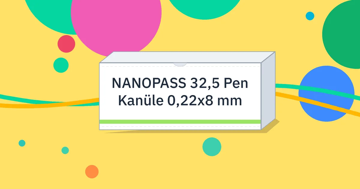 Symbolbild: Packung mit der Aufschrift NANOPASS 32,5 Pen Kanüle 0,22x8 mm (PZN 20611036) – Verfügbarkeit und Bezug in Apotheken in Frankfurt am Main