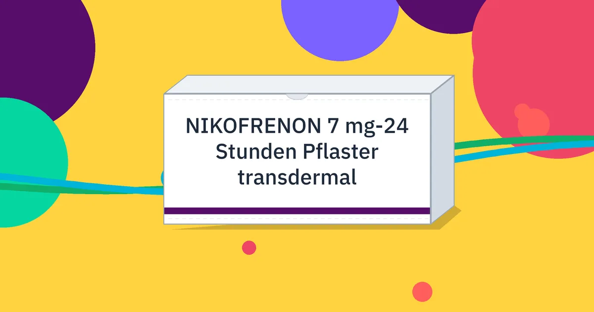 Symbolbild: Packung mit der Aufschrift NIKOFRENON 7 mg-24 Stunden Pflaster transdermal (PZN 15993225) – Verfügbarkeit und Bezug in Apotheken in Frankfurt am Main