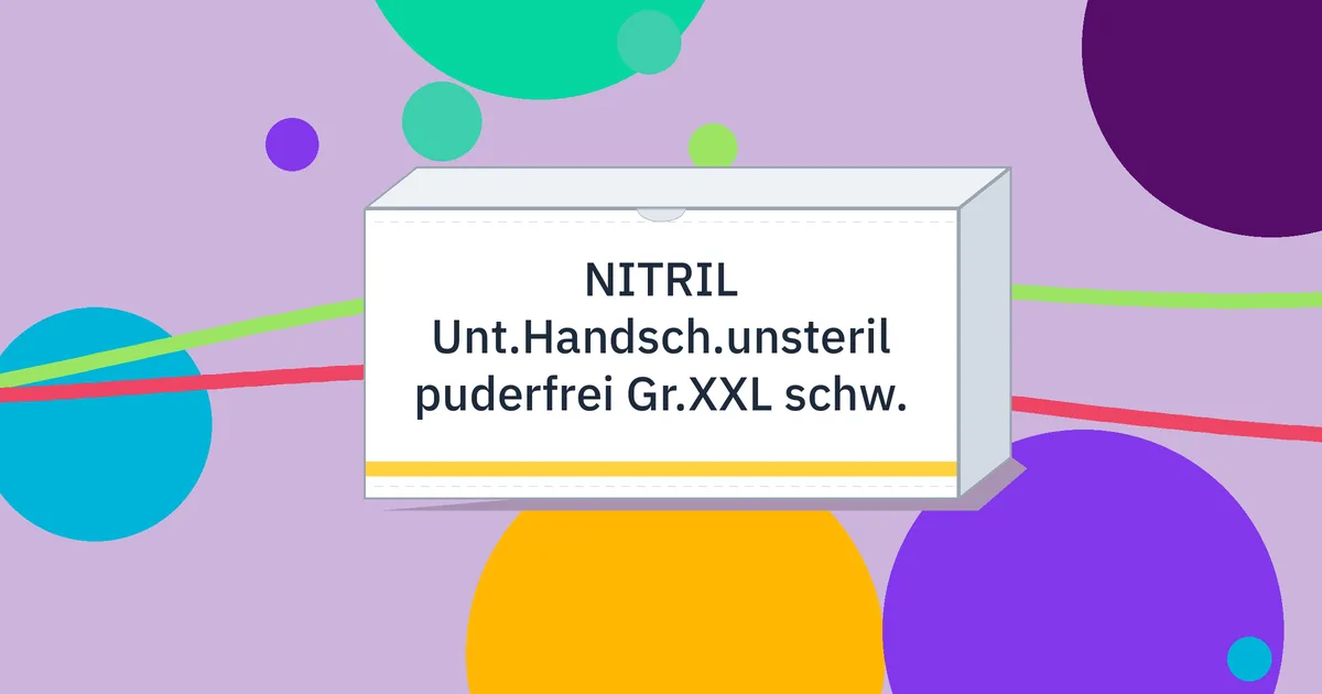 Symbolbild: Packung mit der Aufschrift NITRIL Unt.Handsch.unsteril puderfrei Gr.XXL schw. (PZN 13351155) – Verfügbarkeit und Bezug in Apotheken in Frankfurt am Main