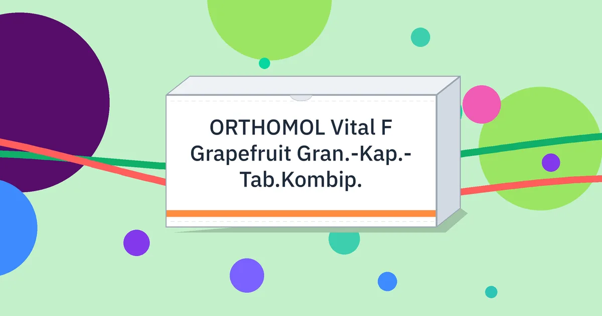 Symbolbild: Packung mit der Aufschrift ORTHOMOL Vital F Grapefruit Gran.-Kap.-Tab.Kombip. (PZN 01028526) – Verfügbarkeit und Bezug in Apotheken in Frankfurt am Main
