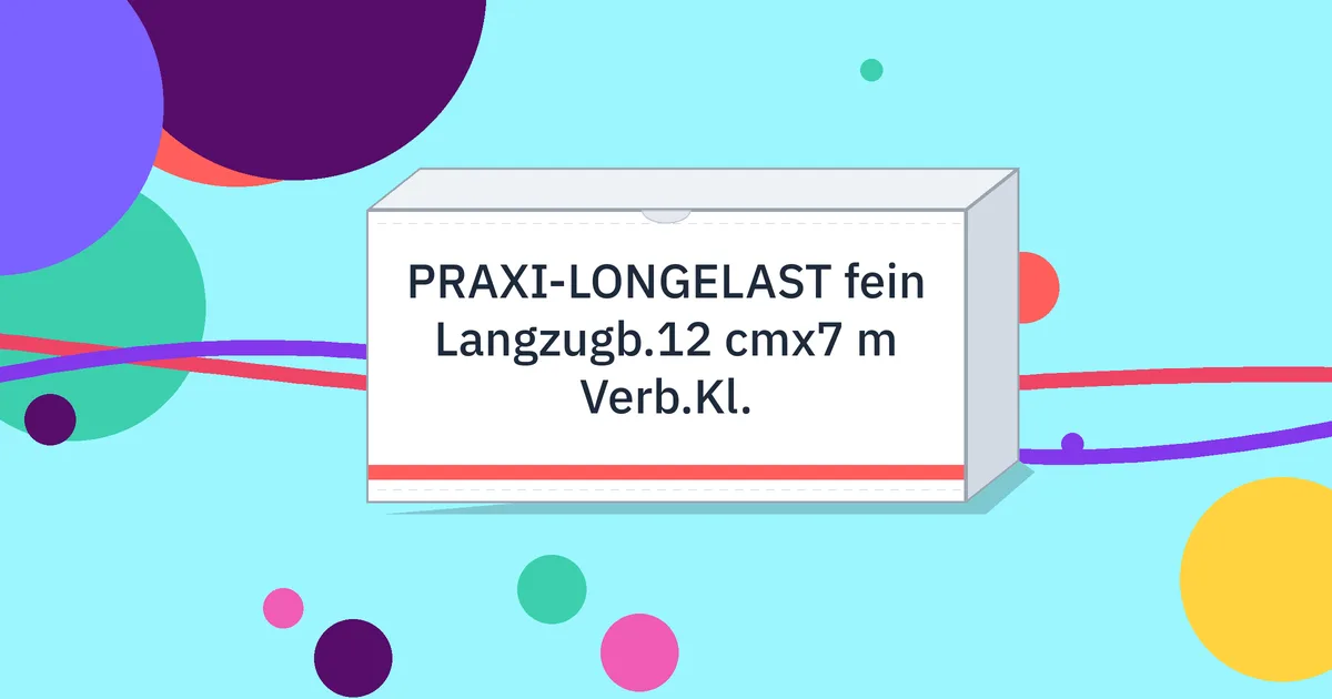 Symbolbild: Packung mit der Aufschrift PRAXI-LONGELAST fein Langzugb.12 cmx7 m Verb.Kl. (PZN 12827093) – Verfügbarkeit und Bezug in Apotheken in Frankfurt am Main