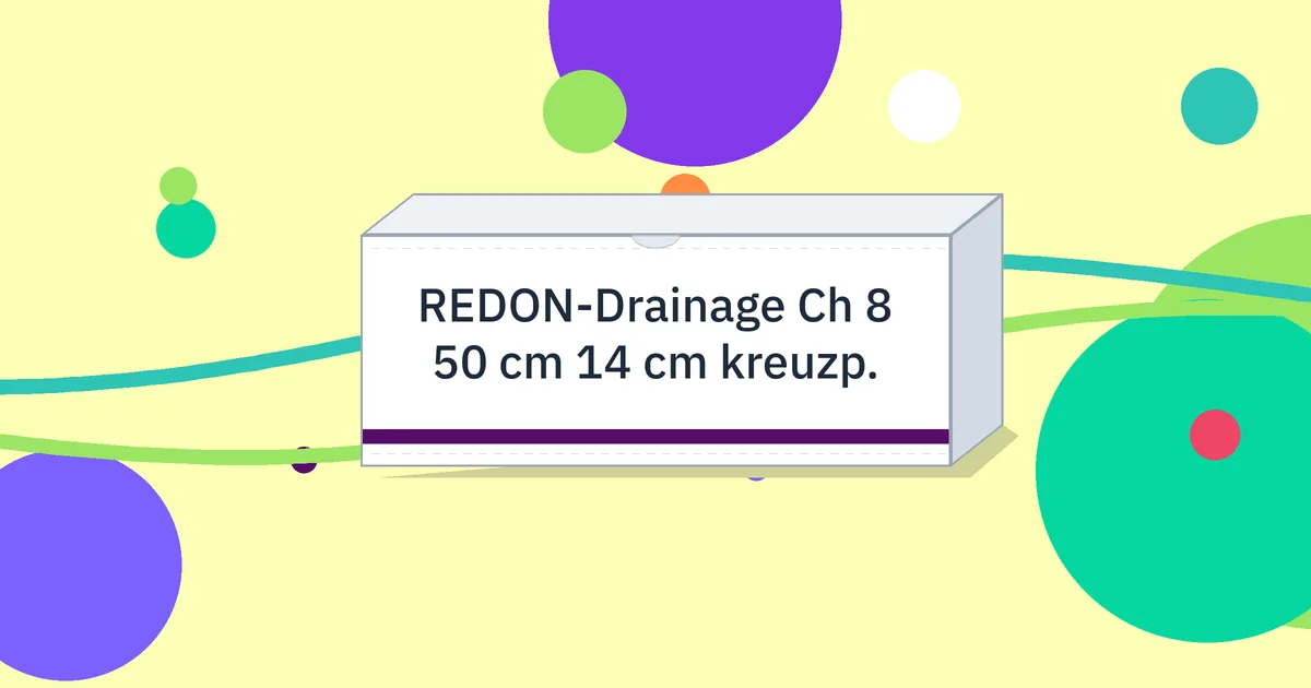Symbolbild: Packung mit der Aufschrift REDON-Drainage Ch 8 50 cm 14 cm kreuzp. (PZN 17483729) – Verfügbarkeit und Bezug in Apotheken in Frankfurt am Main