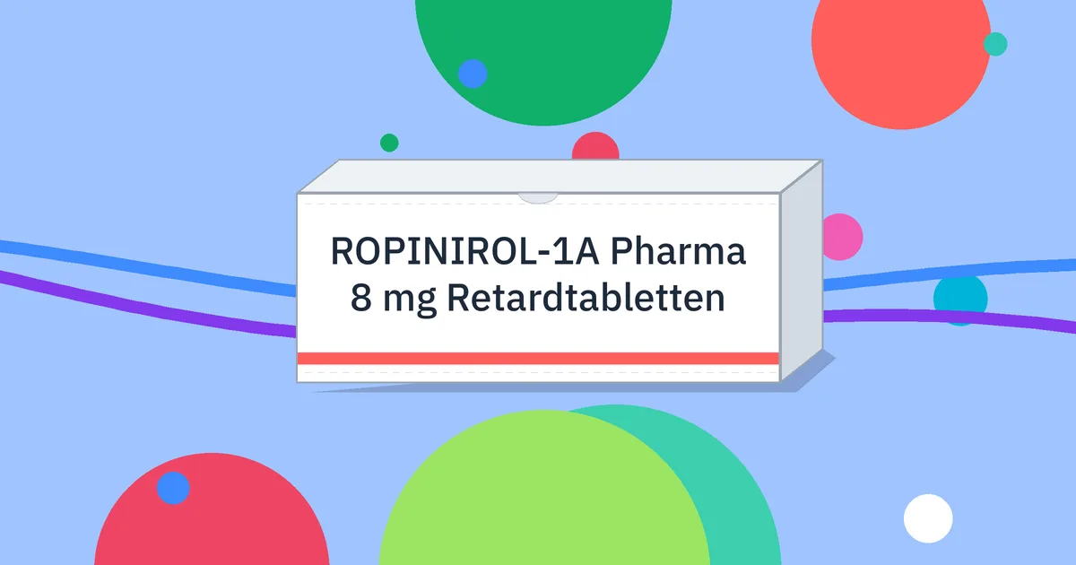 Symbolbild: Packung mit der Aufschrift ROPINIROL-1A Pharma 8 mg Retardtabletten (PZN 09080696) – Verfügbarkeit und Bezug in Apotheken in Frankfurt am Main