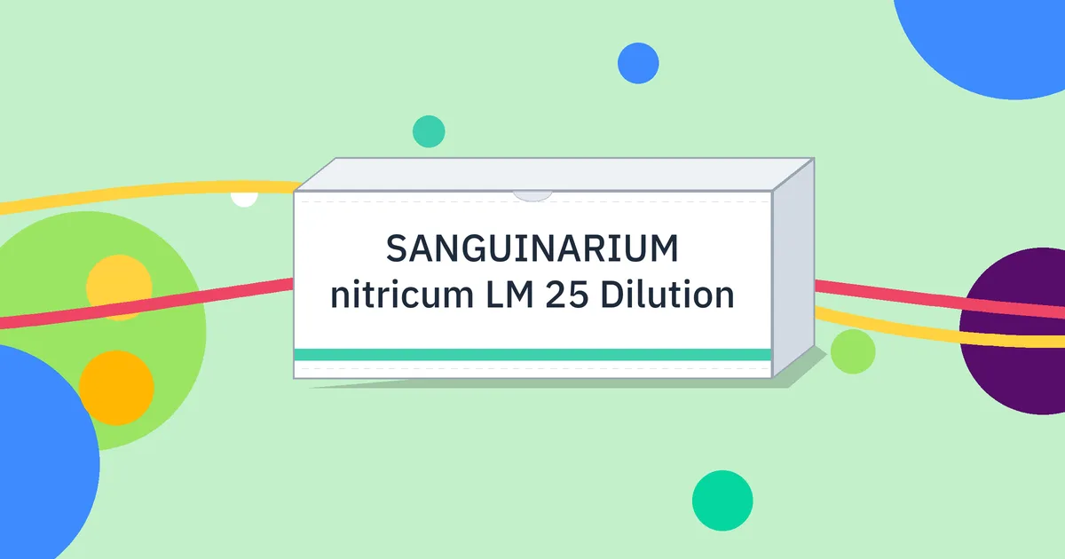 Symbolbild: Packung mit der Aufschrift SANGUINARIUM nitricum LM 25 Dilution (PZN 13181859) – Verfügbarkeit und Bezug in Apotheken in Frankfurt am Main