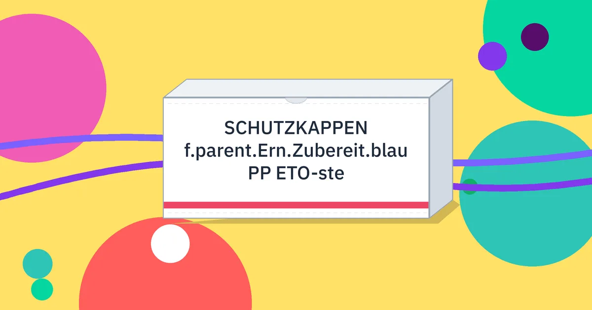 Symbolbild: Packung mit der Aufschrift SCHUTZKAPPEN f.parent.Ern.Zubereit.blau PP ETO-ste (PZN 19139574) – Verfügbarkeit und Bezug in Apotheken in Frankfurt am Main