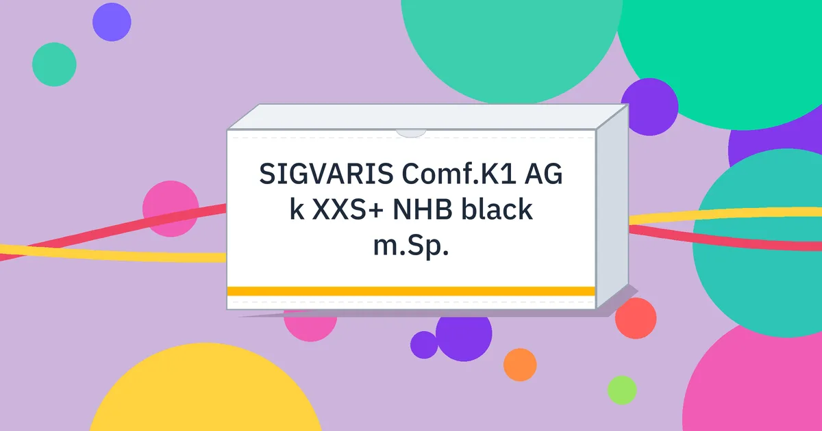 Symbolbild: Packung mit der Aufschrift SIGVARIS Comf.K1 AG k XXS+ NHB black m.Sp. (PZN 17100119) – Verfügbarkeit und Bezug in Apotheken in Frankfurt am Main