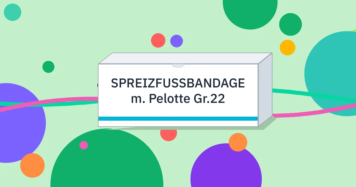 Symbolbild: Packung mit der Aufschrift SPREIZFUSSBANDAGE m. Pelotte Gr.22 (PZN 01736571) – Verfügbarkeit und Bezug in Apotheken in Frankfurt am Main