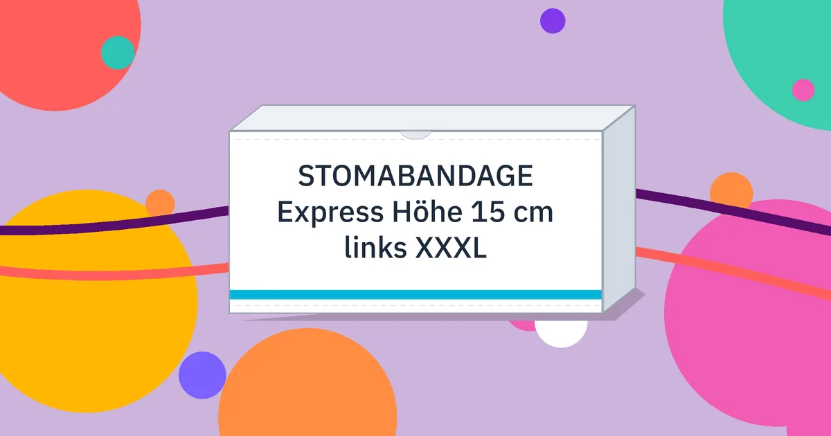 Symbolbild: Packung mit der Aufschrift STOMABANDAGE Express Höhe 15 cm links XXXL (PZN 16507959) – Verfügbarkeit und Bezug in Apotheken in Frankfurt am Main