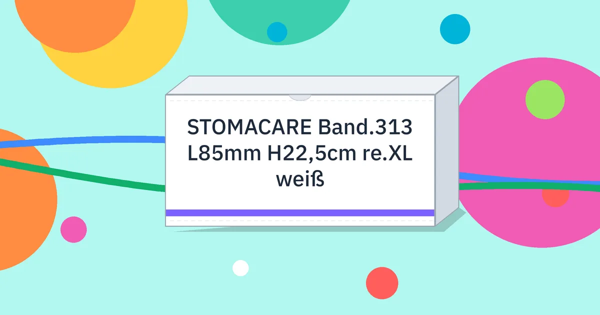 Symbolbild: Packung mit der Aufschrift STOMACARE Band.313 L85mm H22,5cm re.XL weiß (PZN 09436940) – Verfügbarkeit und Bezug in Apotheken in Frankfurt am Main
