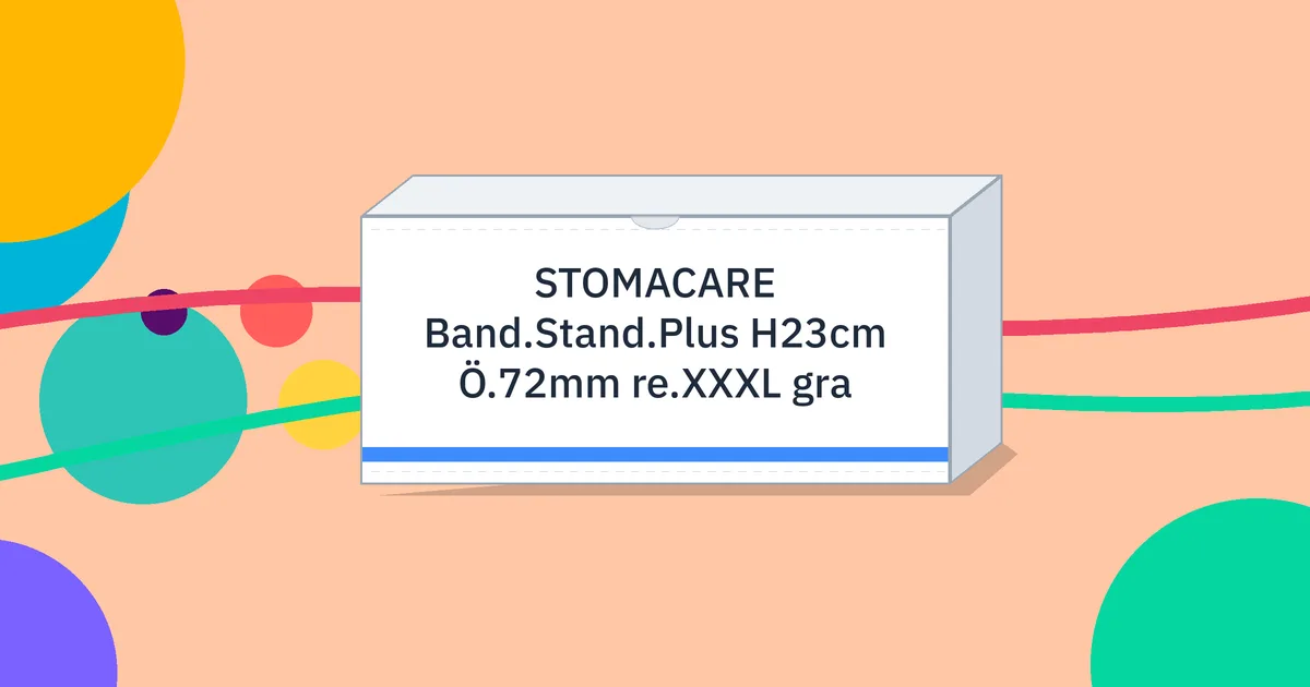 Symbolbild: Packung mit der Aufschrift STOMACARE Band.Stand.Plus H23cm Ö.72mm re.XXXL gra (PZN 16751116) – Verfügbarkeit und Bezug in Apotheken in Frankfurt am Main