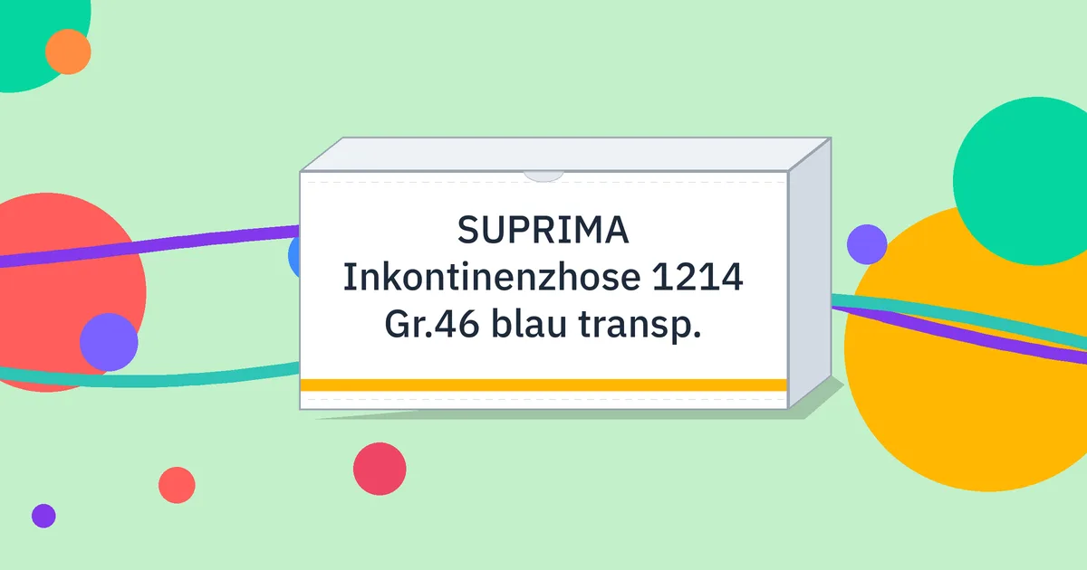 Symbolbild: Packung mit der Aufschrift SUPRIMA Inkontinenzhose 1214 Gr.46 blau transp. (PZN 02852724) – Verfügbarkeit und Bezug in Apotheken in Frankfurt am Main