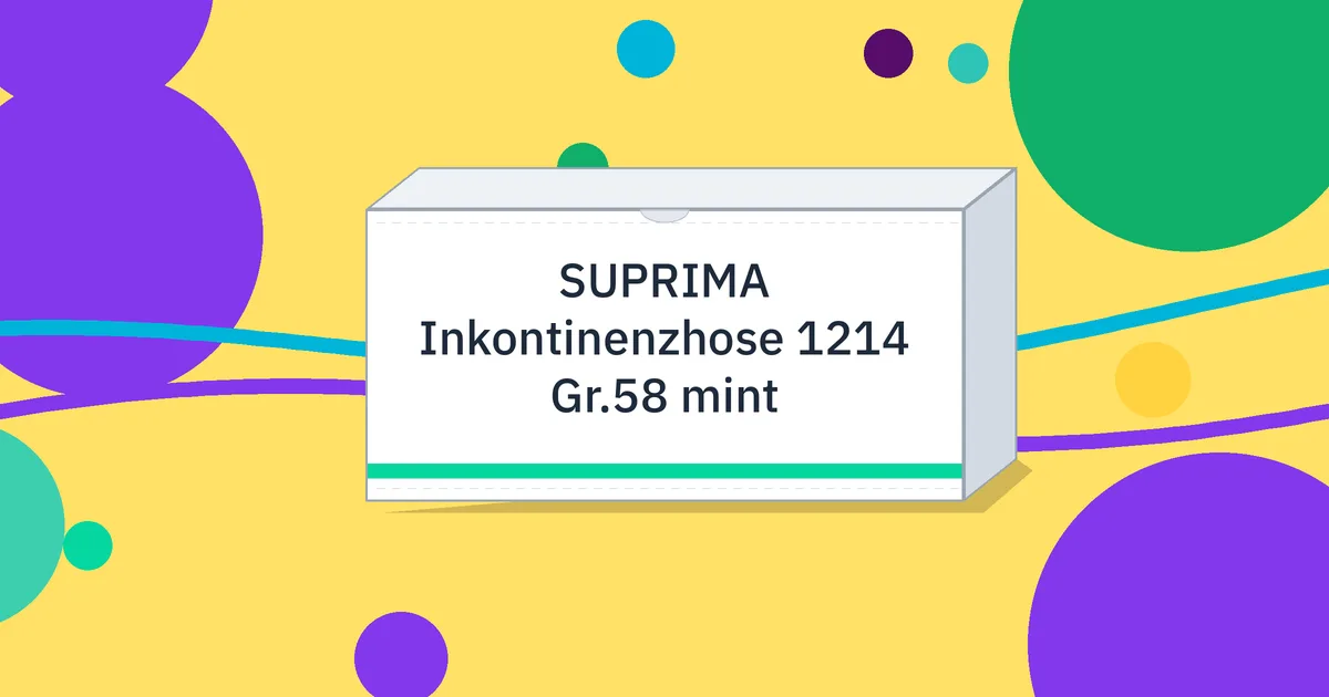 Symbolbild: Packung mit der Aufschrift SUPRIMA Inkontinenzhose 1214 Gr.58 mint (PZN 07633470) – Verfügbarkeit und Bezug in Apotheken in Frankfurt am Main
